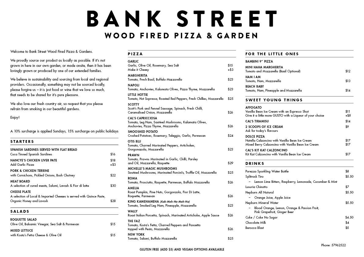 Menu at Bank Street Wood Fired Pizza & Garden pizzeria, Avenel
