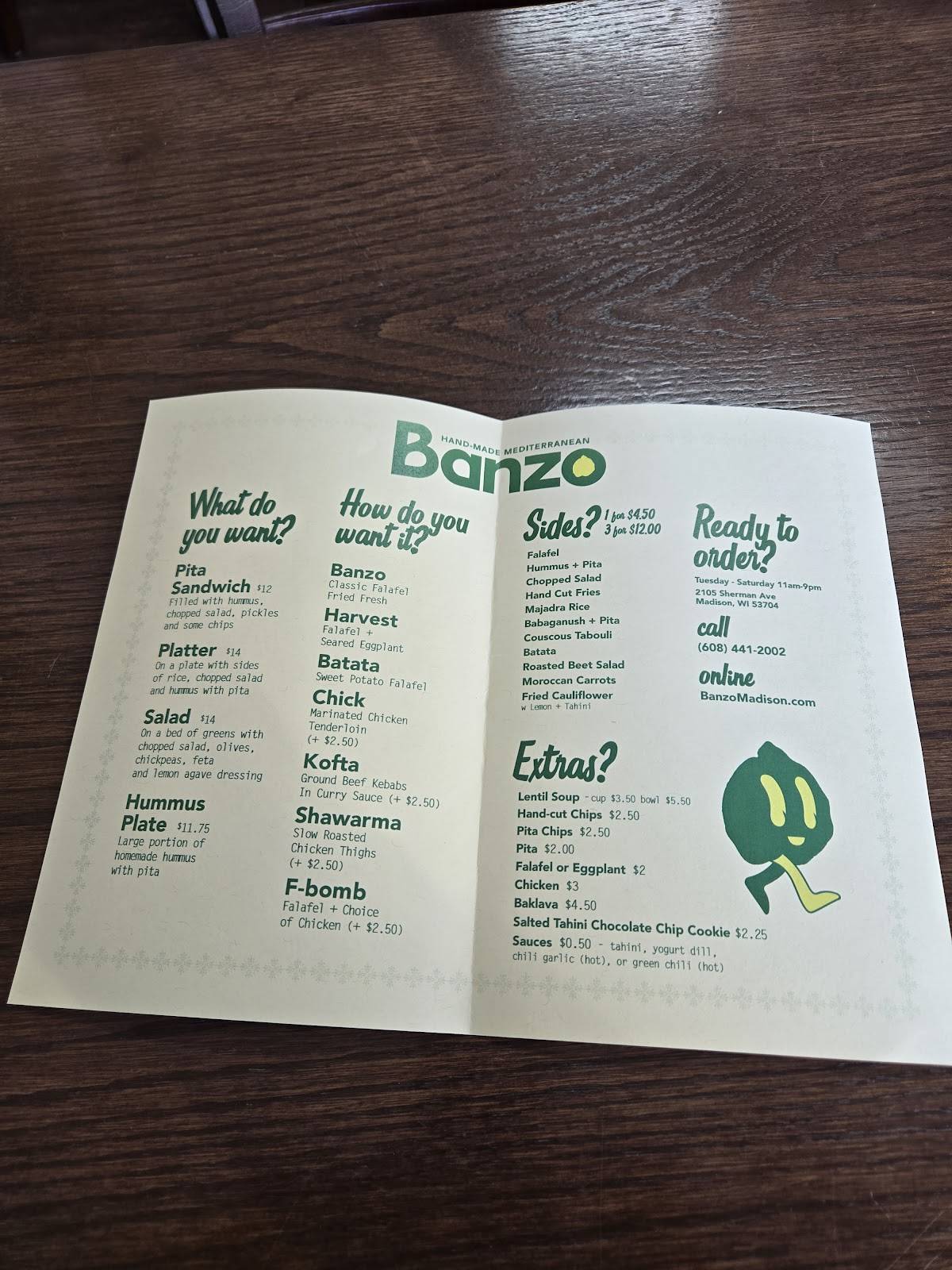 Menu at Banzo restaurant, Madison, Sherman Ave