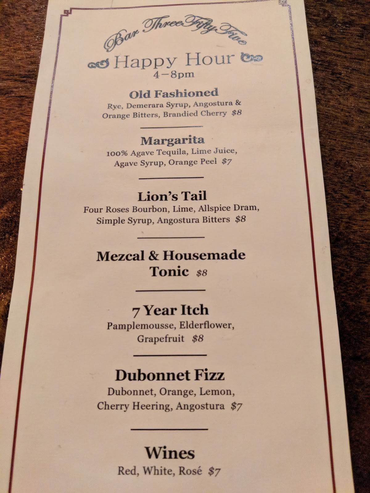 Menu at Bar 355, Oakland
