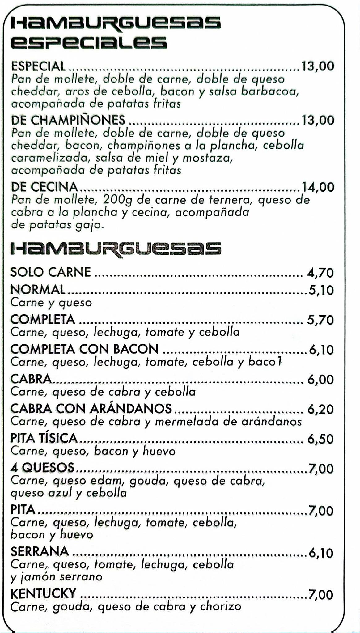 Carta de Bar A Menos Cuarto, Tapia de Casariego, C. Sta. Rosa