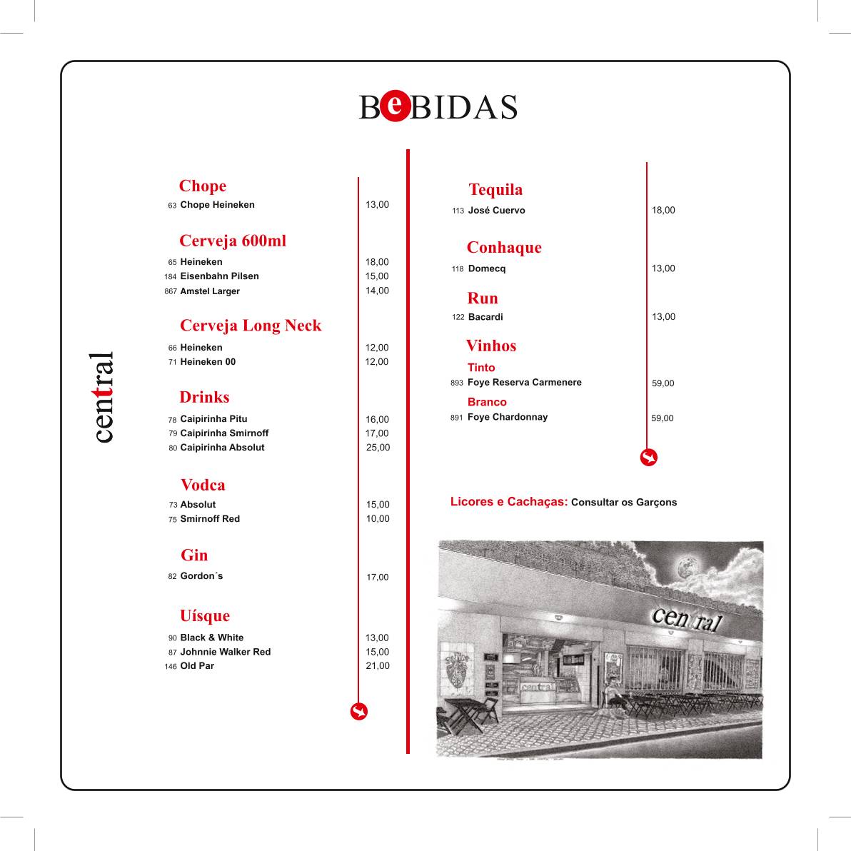 Menu at Bar Central, Recife, R. Mamede Simões
