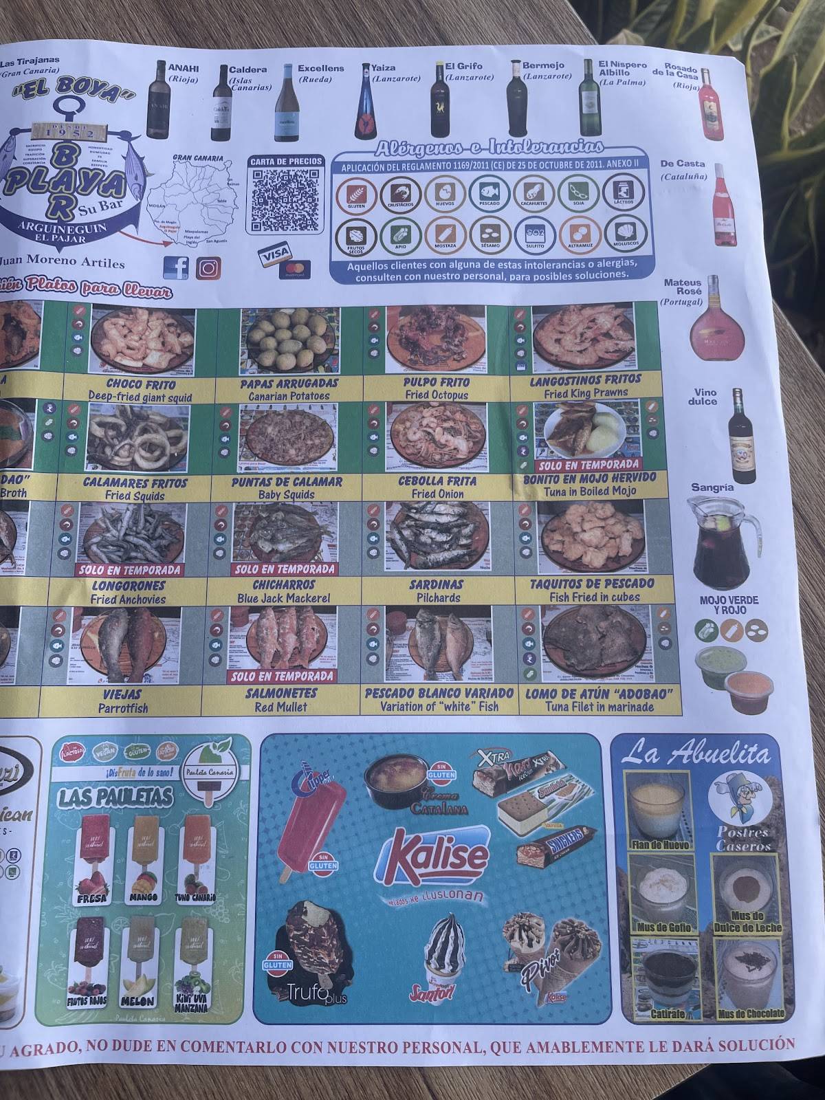 Carta de Bar Playa El Boya, Arguineguin, Calle Santa Águeda