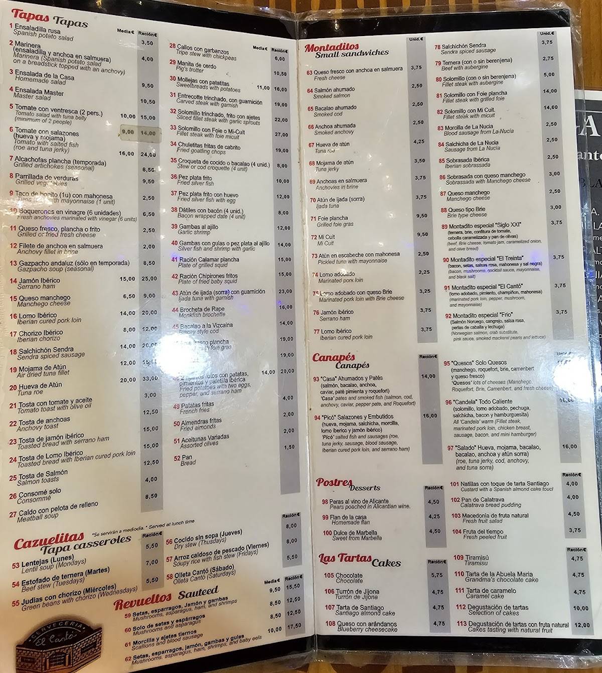 Menu at Bar El Cantó, Alicante