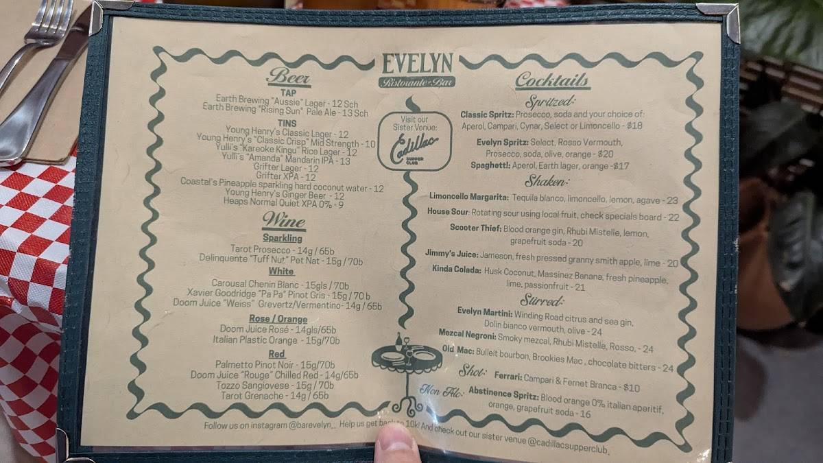 Menu at Bar Evelyn, Coolangatta