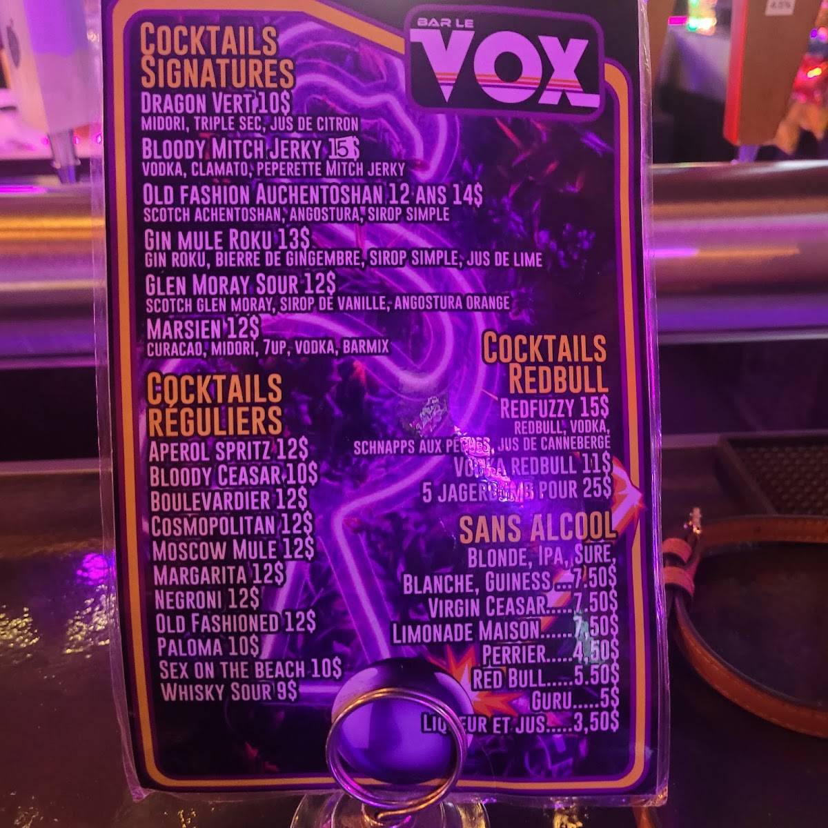 Menu au Bar Le Vox, Québec