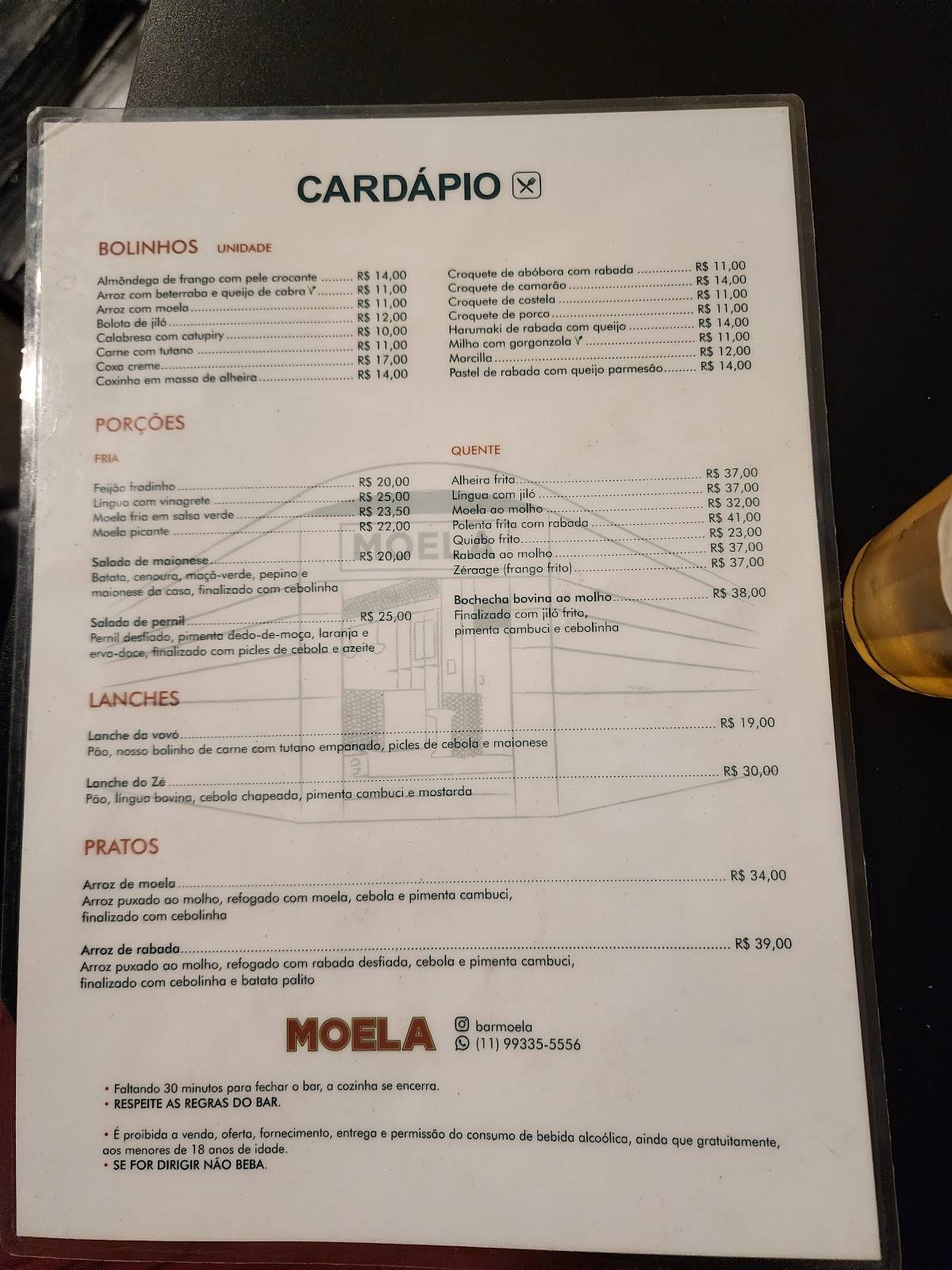 Menu em Bar Moela, São Paulo, R. Canuto do Val