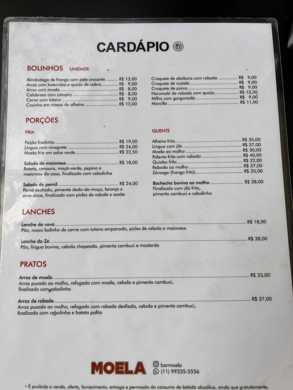 Menu em Bar Moela, São Paulo, R. Canuto do Val