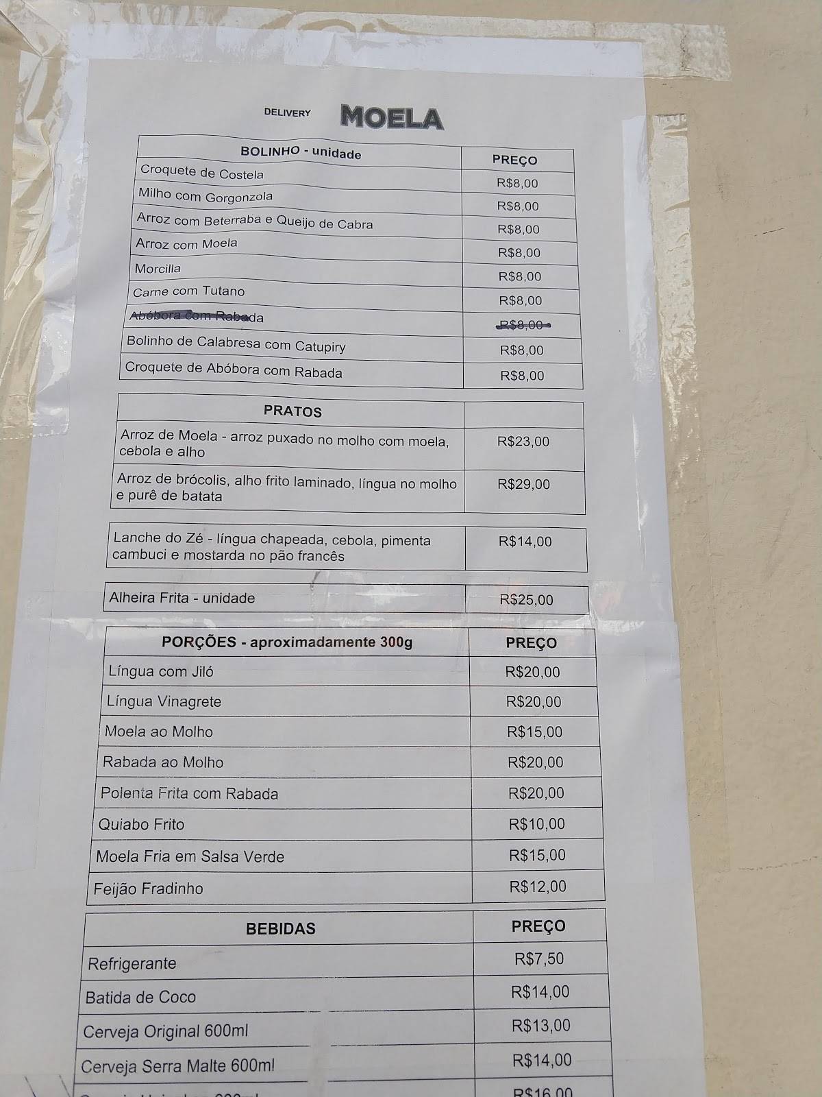 Menu em Bar Moela, São Paulo, R. Canuto do Val