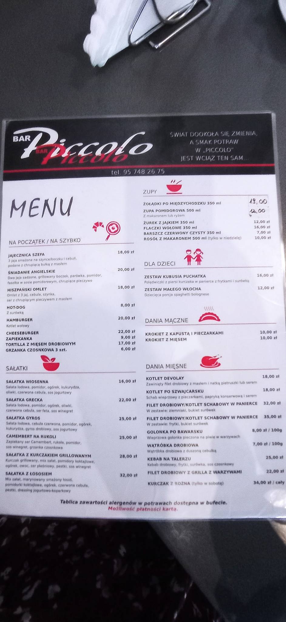 Menu at Bar Piccolo, Międzychód