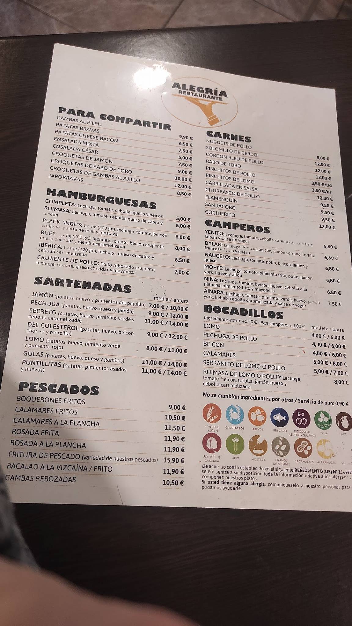 Carta de Bar Restaurante Alegría, Lucena