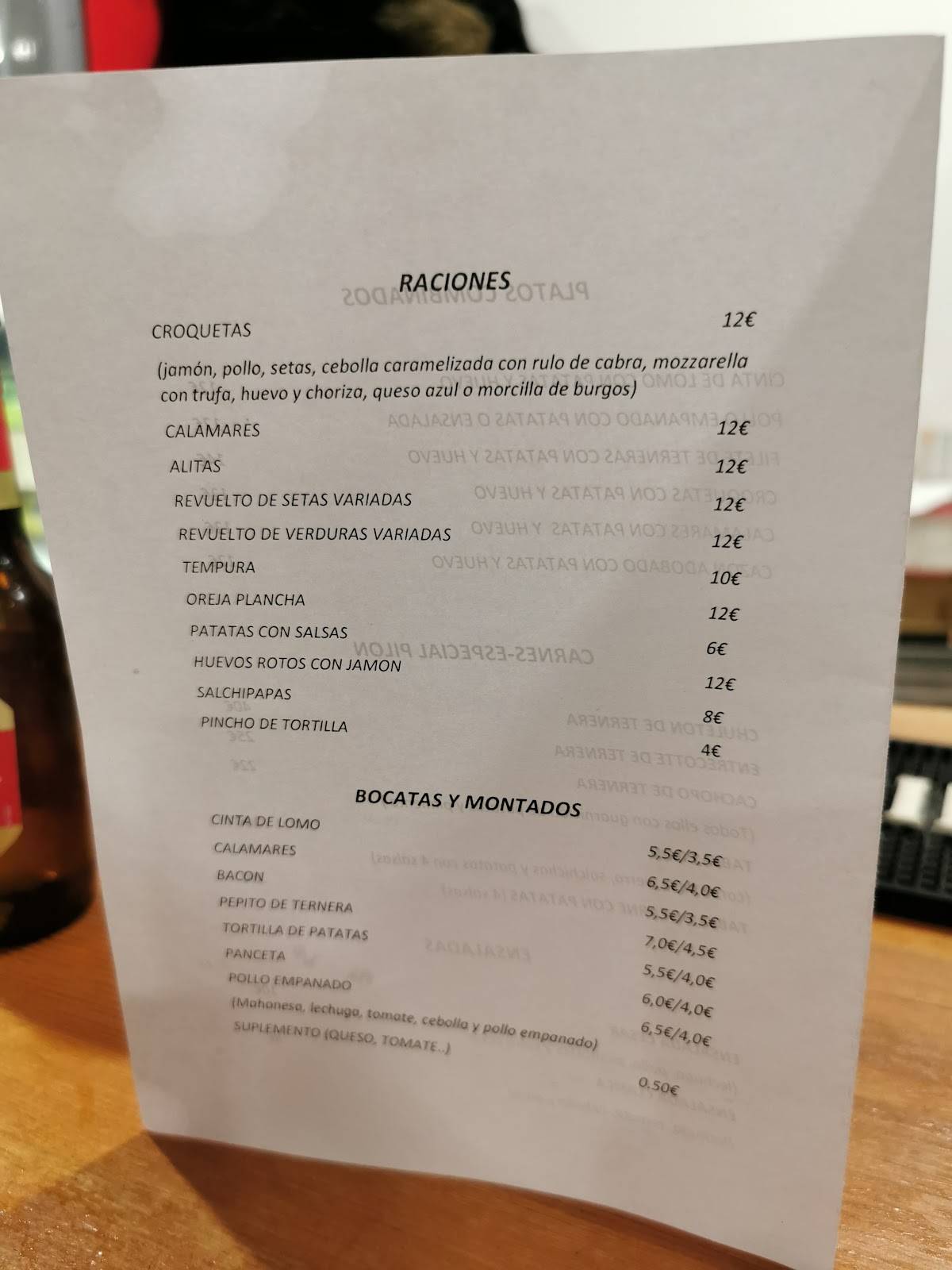 Carta de Bar-Restaurante El Pilón, El Berrueco