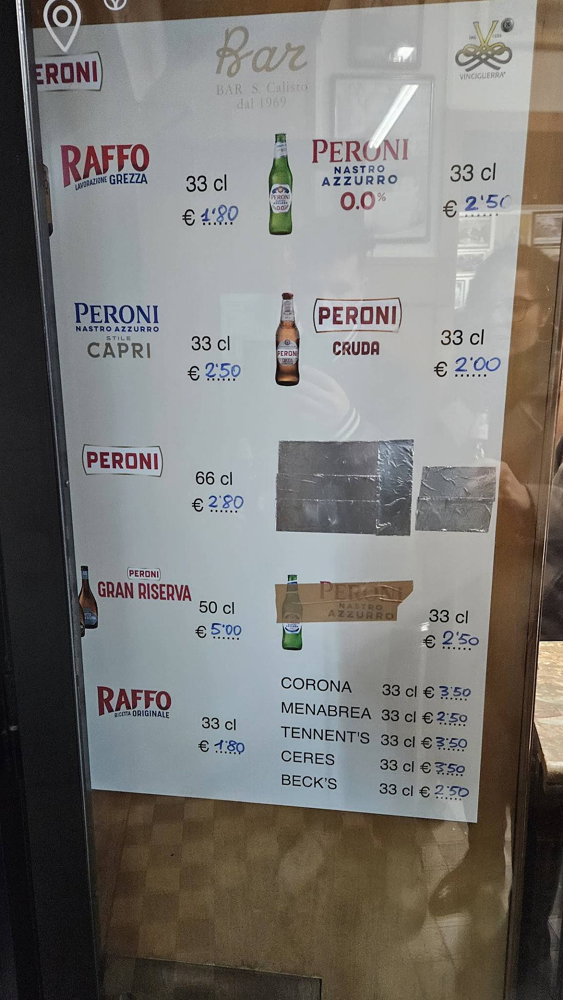 Menu at Bar San Calisto Roma, Rome
