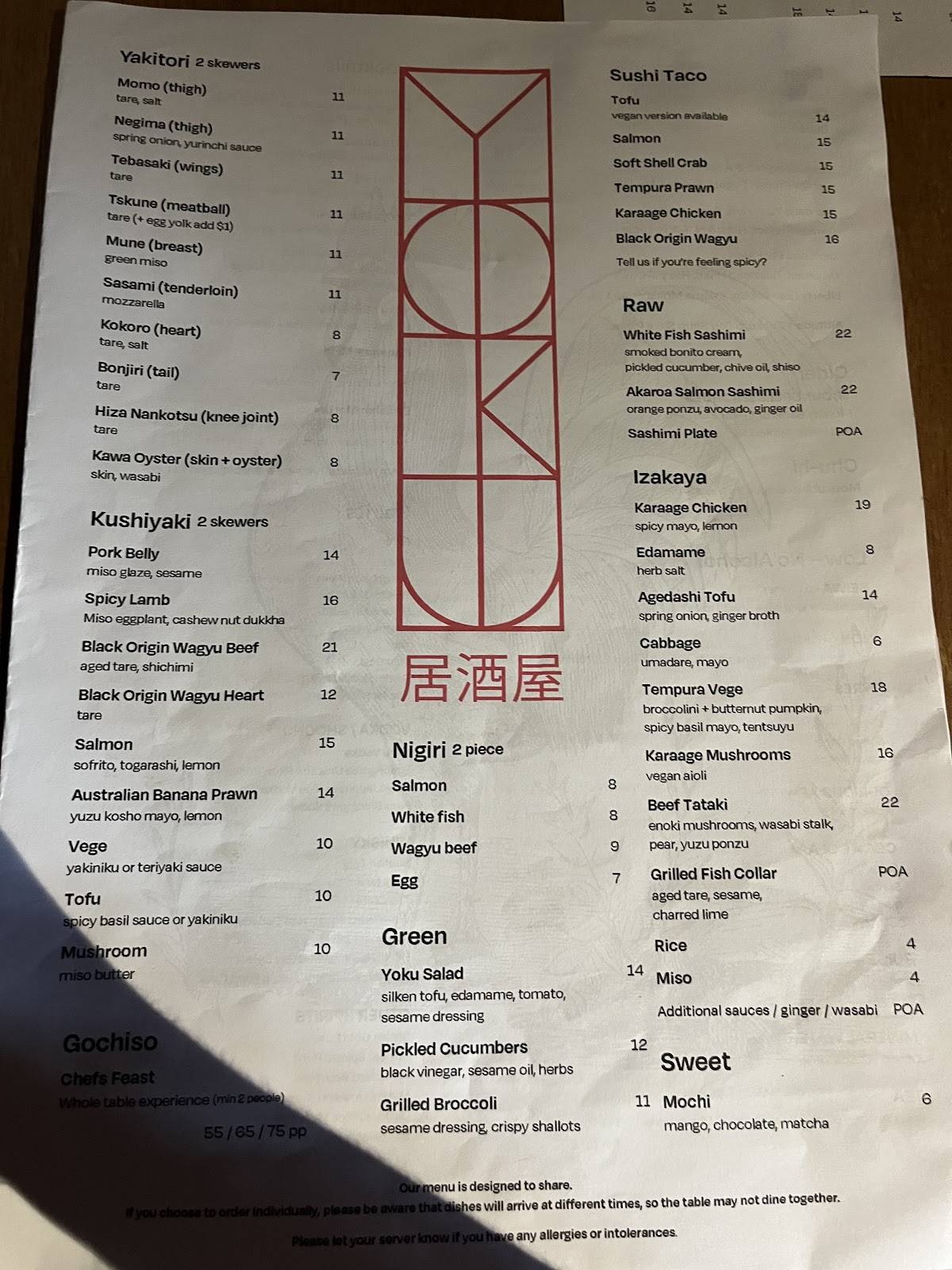 Menu at Bar Yoku, Christchurch