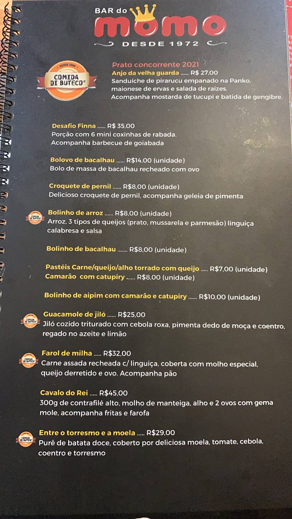 Menu at Bar do Momo, Rio de Janeiro