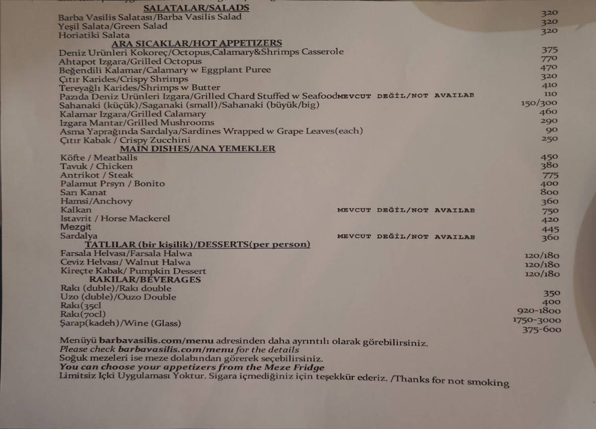 Menu at Barba Vasilis, Istanbul, Abdülezelpaşa Cd. no:97