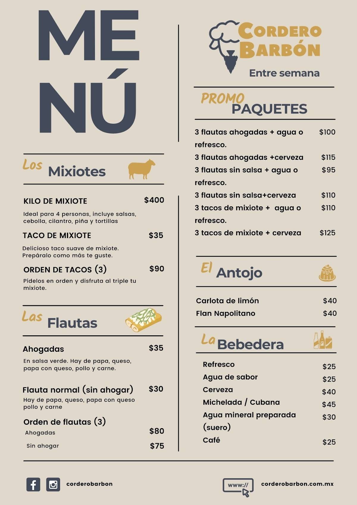 Menu at Barbacoa Cordero Barbón, Mexico City