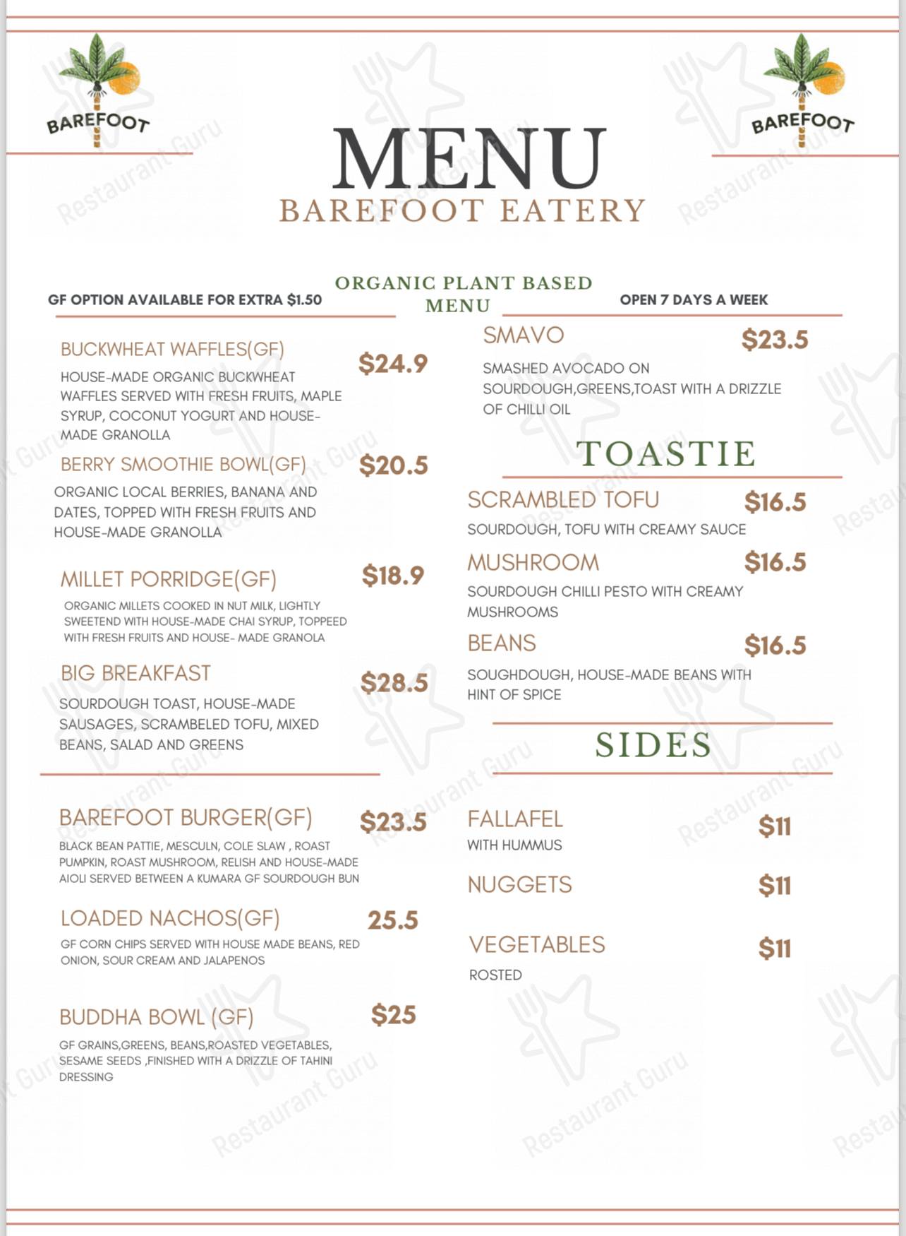 Menu at Barefoot Eatery, Christchurch