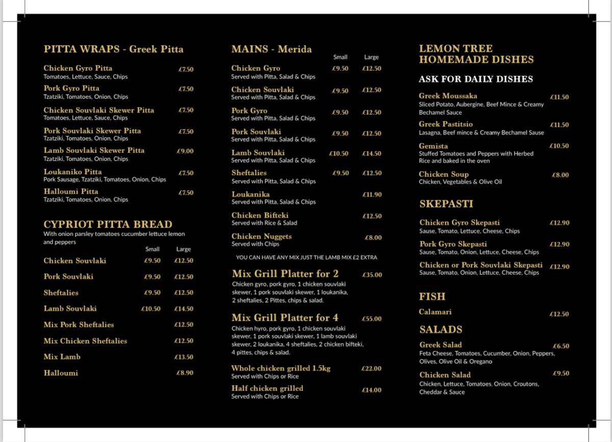 Menu at Lemon Tree, Barnet