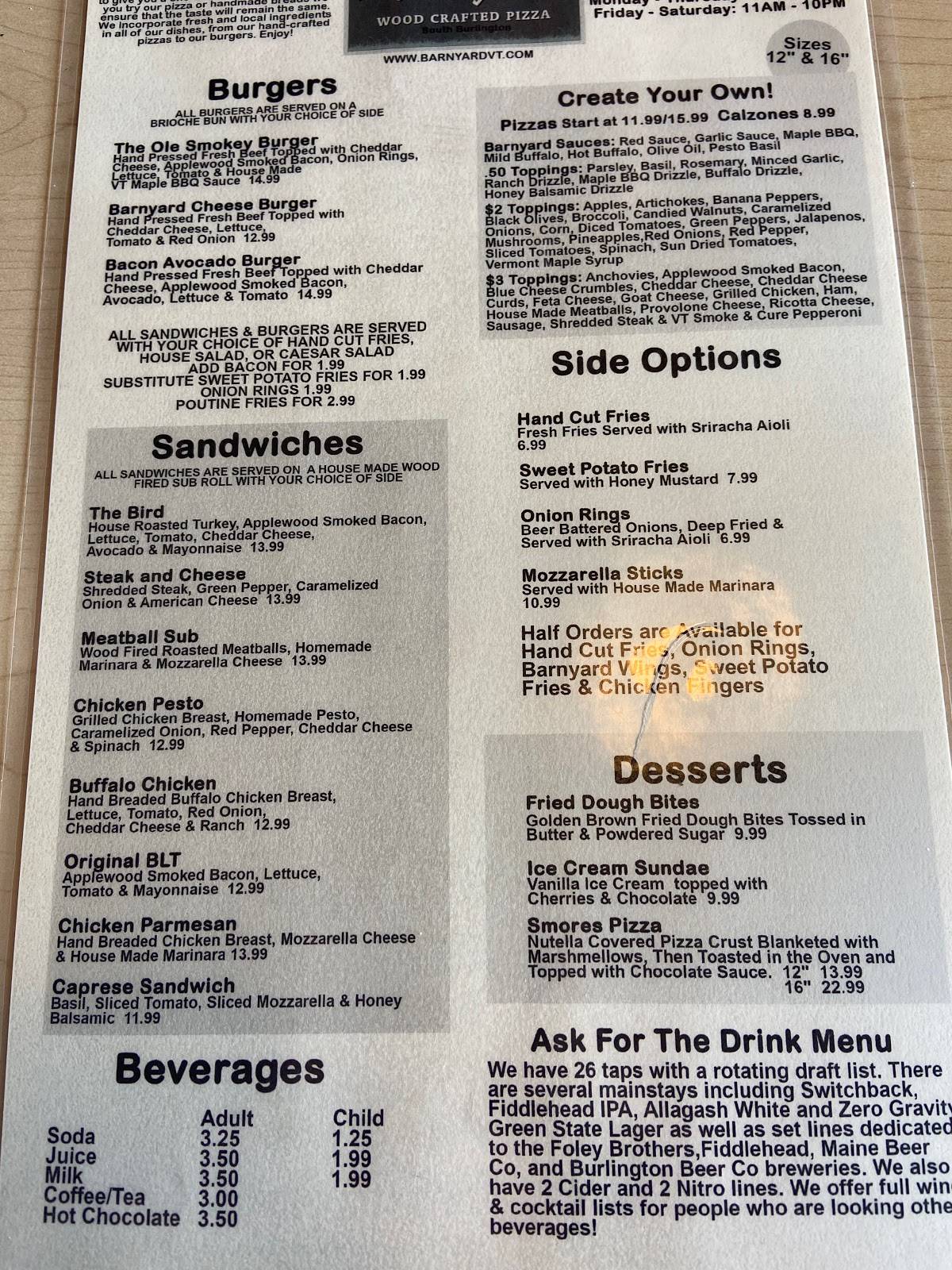 Menu at Barnyard Wood Crafted Pizza, South Burlington