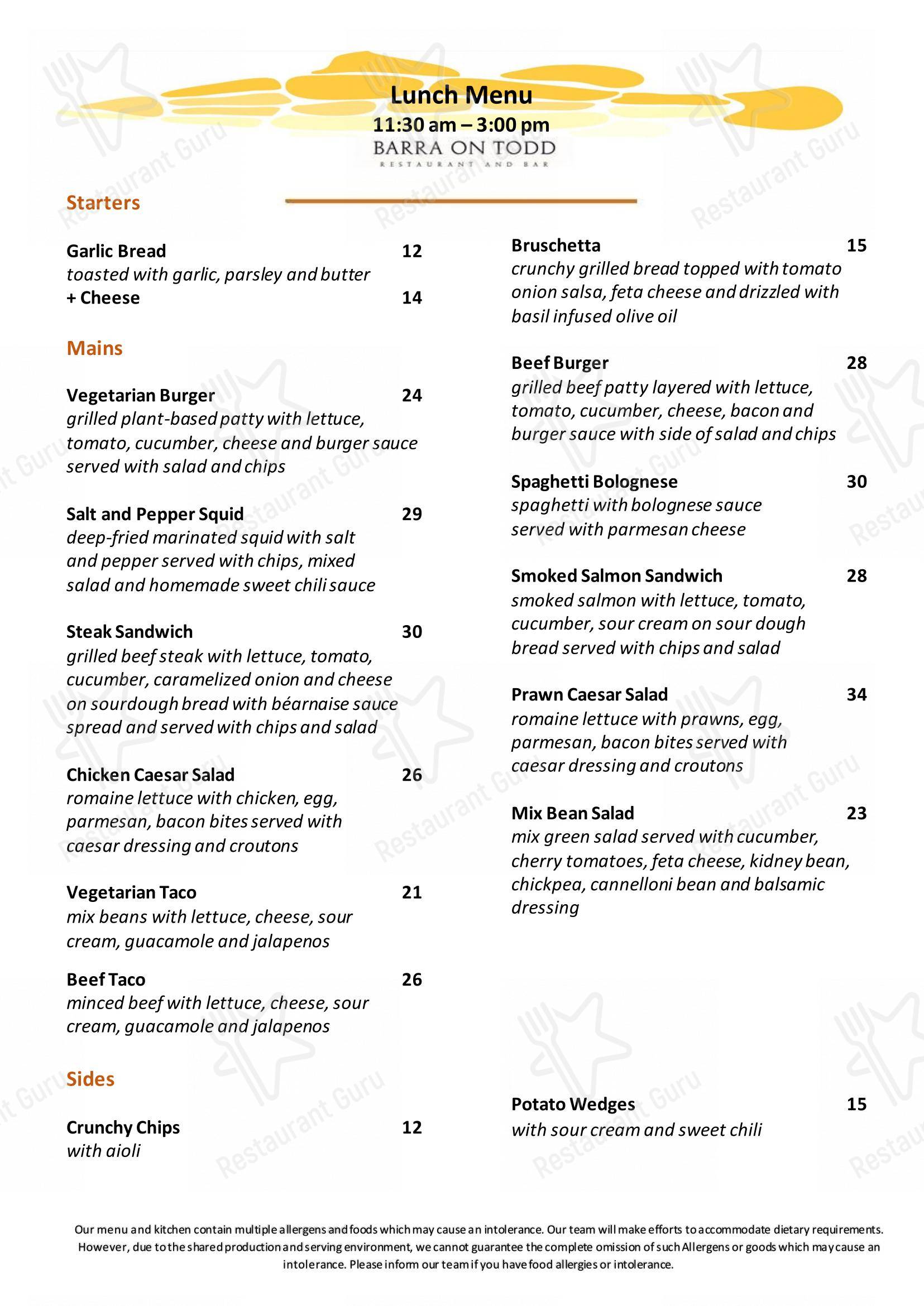 Menu at Barra on Todd Restaurant and Bar, East Side