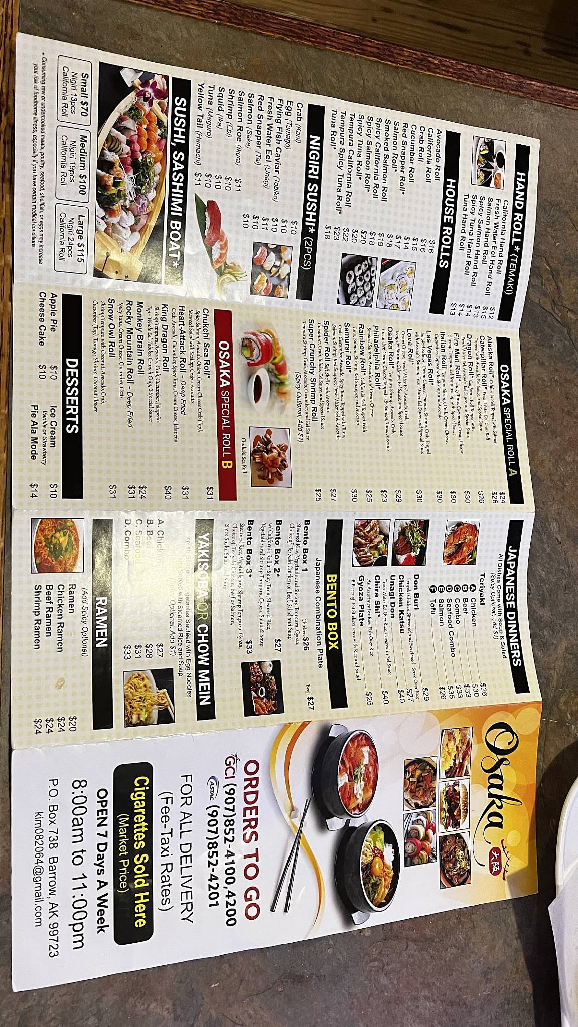 Menu at Osaka Restaurant, Utqiagvik
