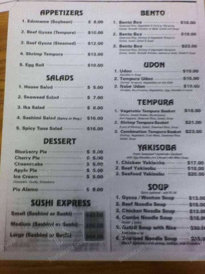 Menu at Osaka Restaurant, Utqiagvik