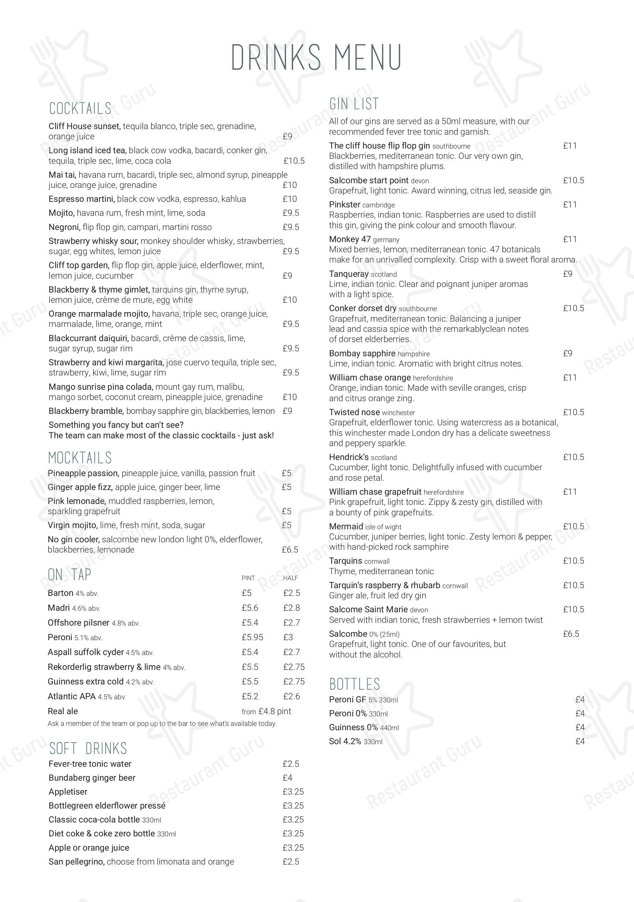 Menu at The Cliff House restaurant, New Milton
