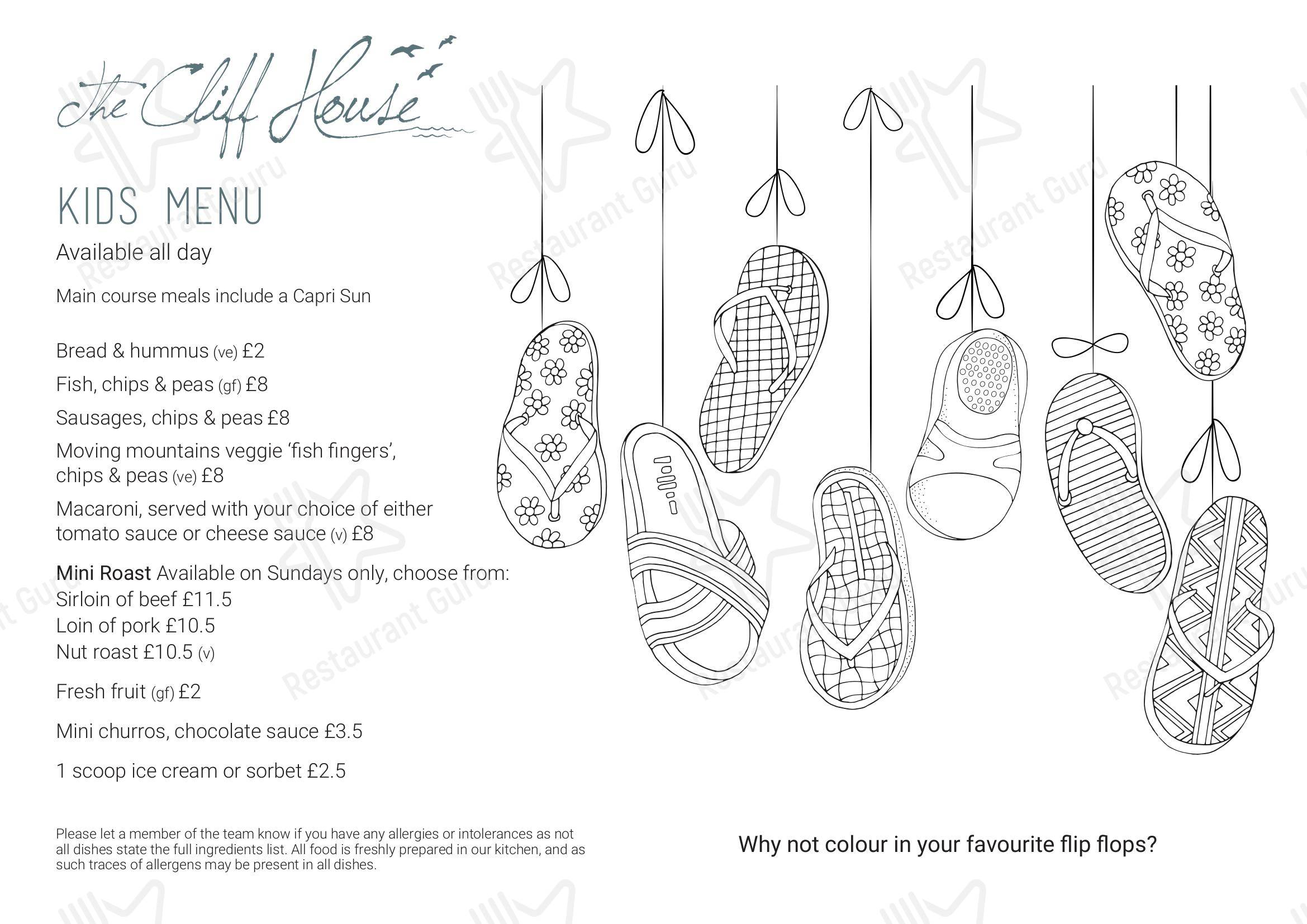 Menu at The Cliff House restaurant, New Milton