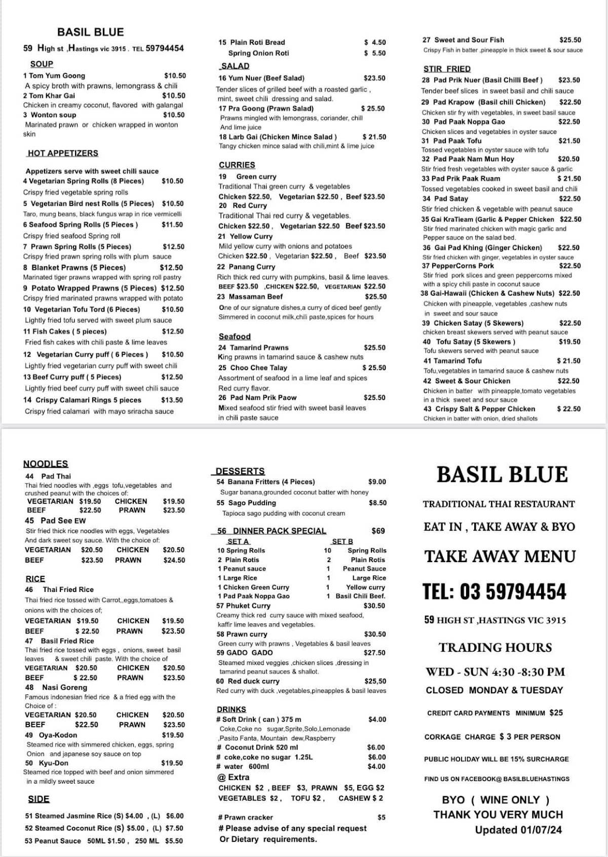 Menu at Basil Blue restaurant, Hastings