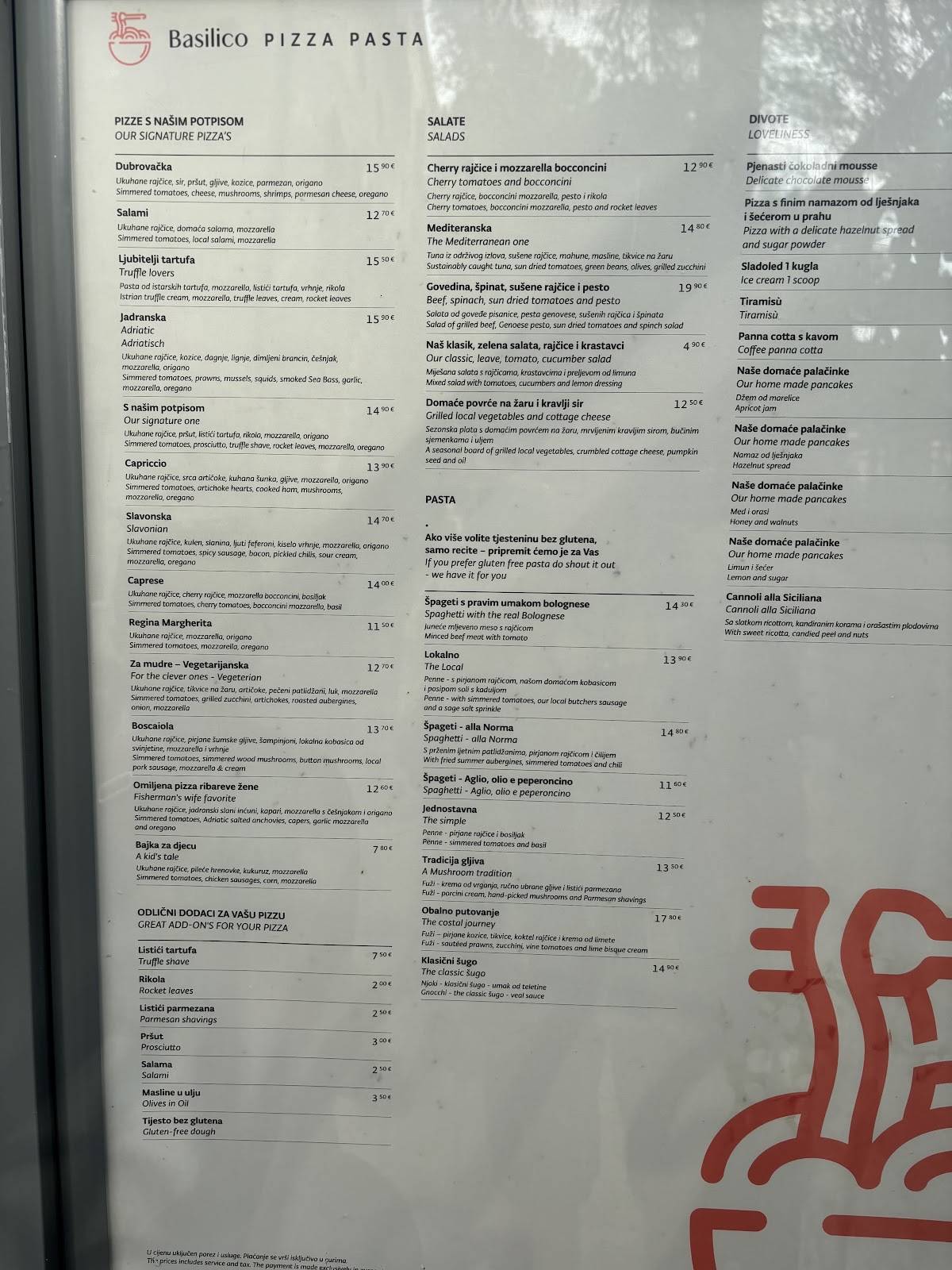 Menu at Basilico Pizza Pasta restaurant, Mlini