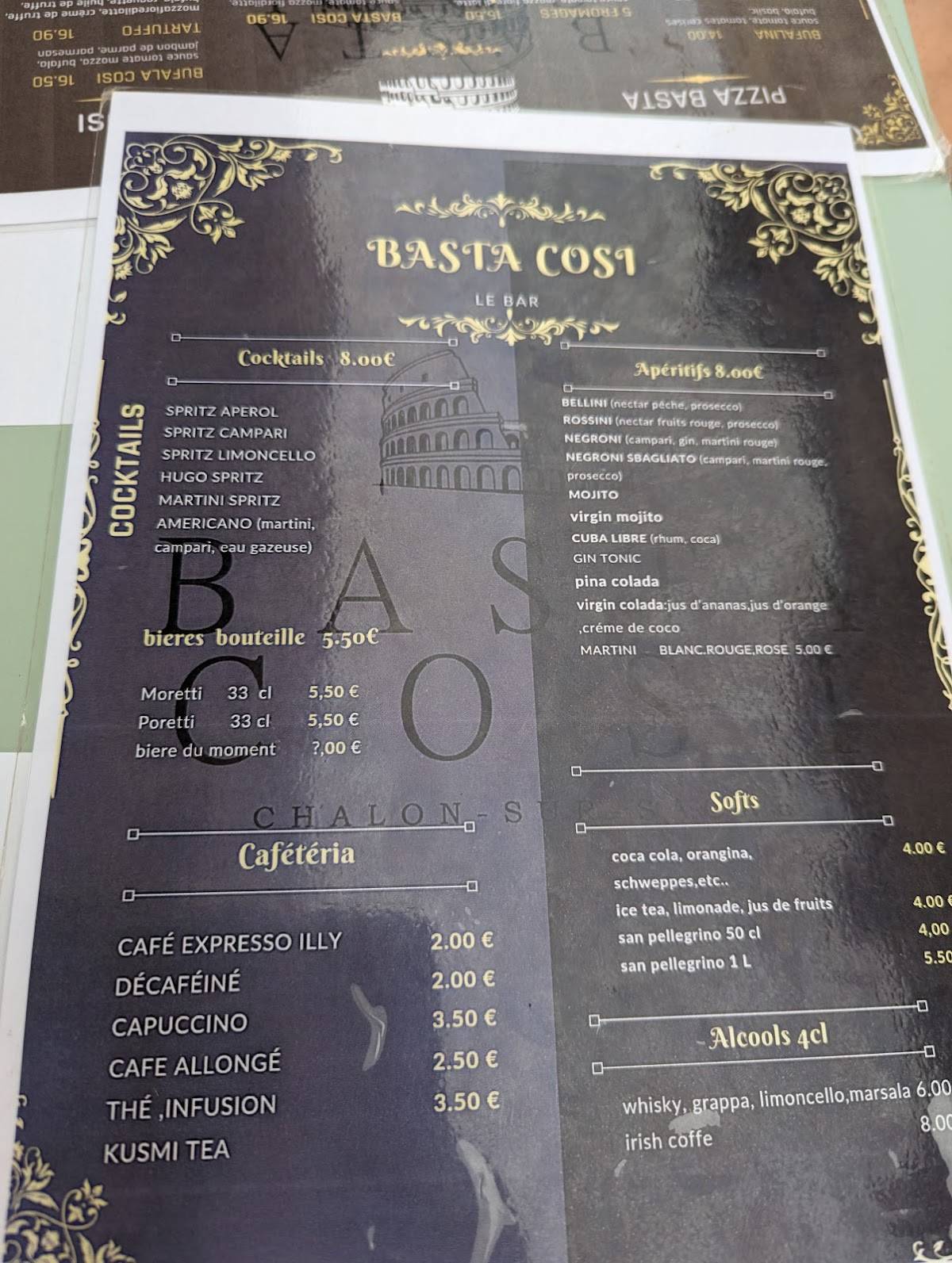 Menu au Basta Così restaurant, Chalon-sur-Saône
