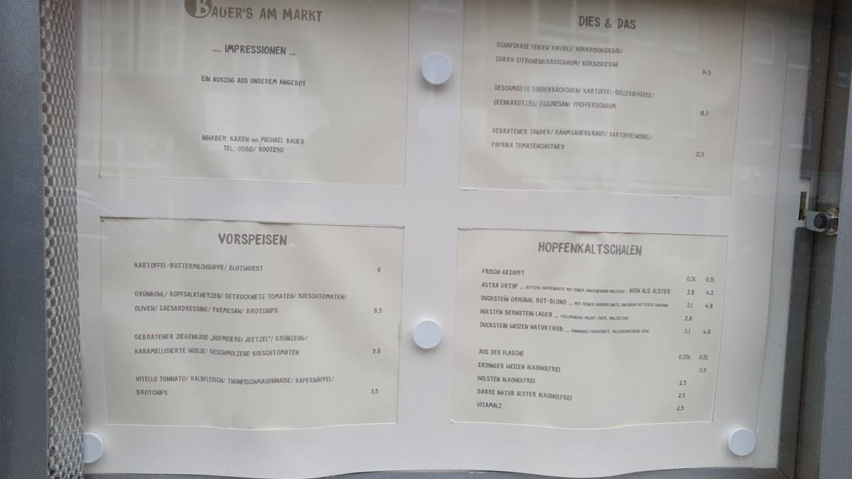 Menu at Bauer's am Markt restaurant, Dannenberg
