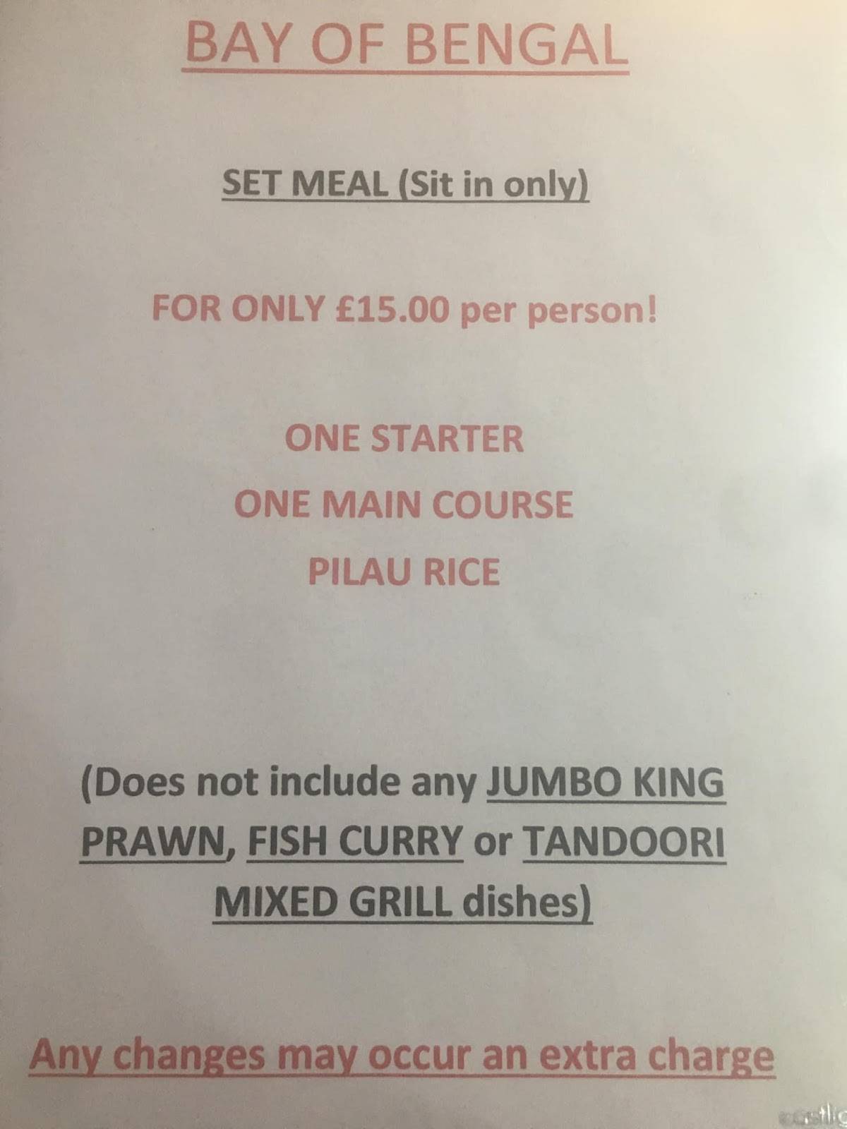 Menu at Bay of Bengal restaurant, Donaghadee