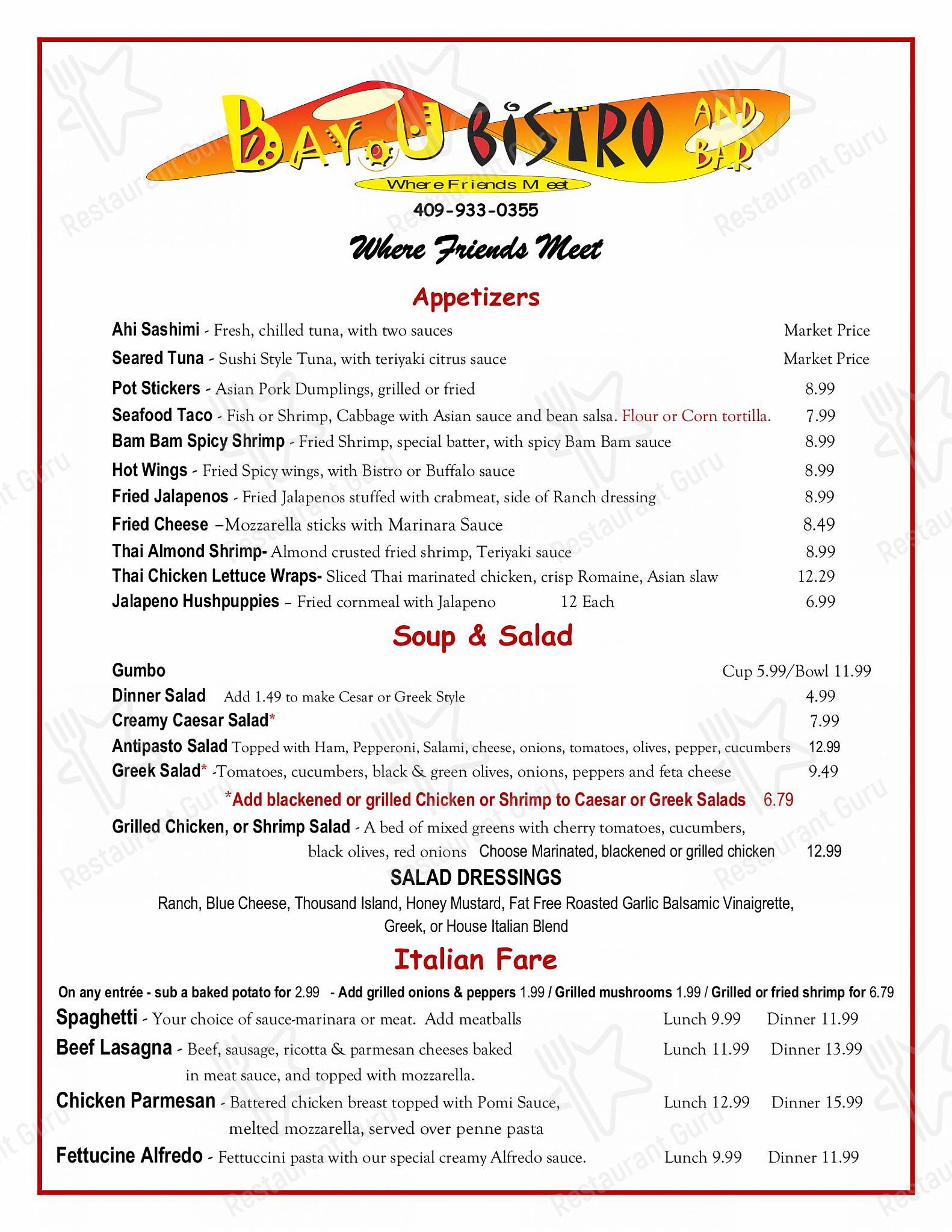 Menu at Bayou Bistro and Bar, Bayou Vista