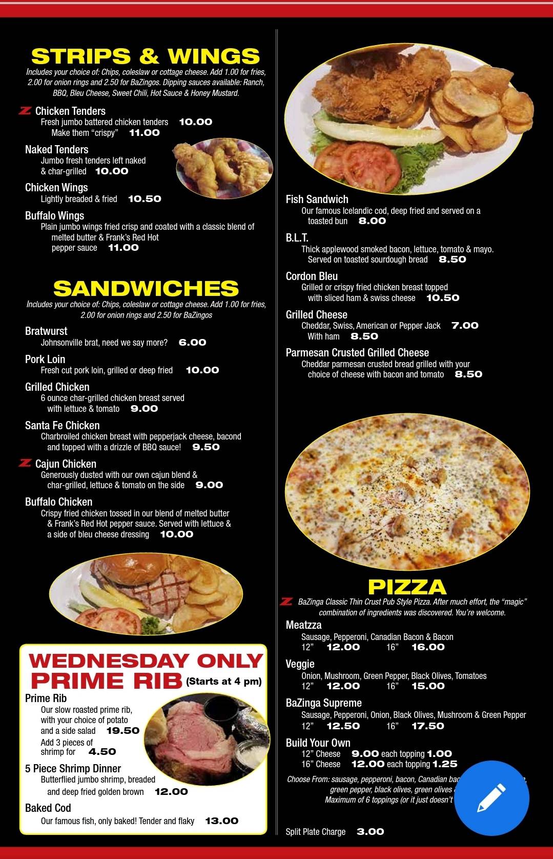 Menu at Bazinga Classic Pub & Grille, Janesville