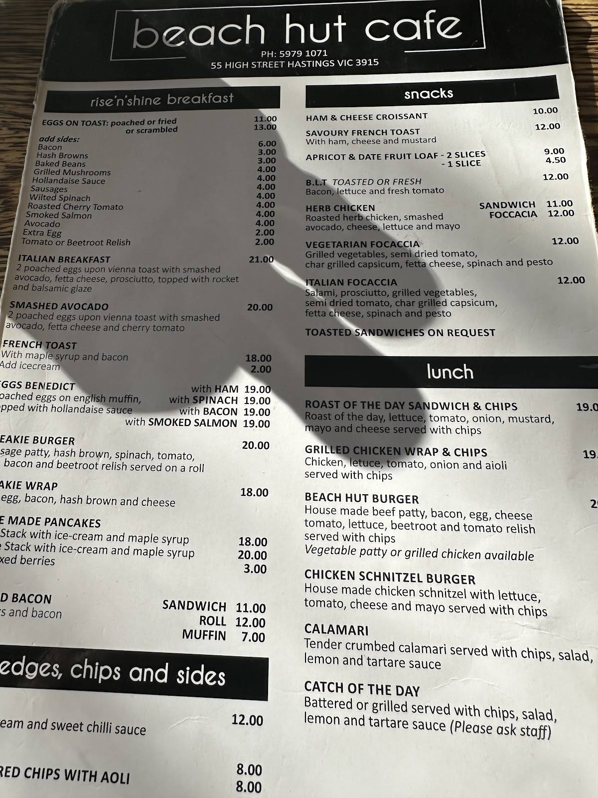 Menu at Beach-Hut Cafe, Hastings