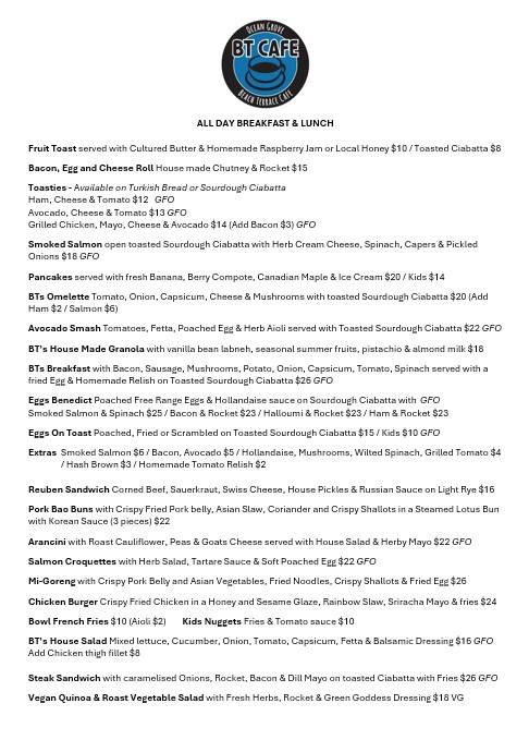 Menu at Beach Terrace Cafe, Ocean Grove