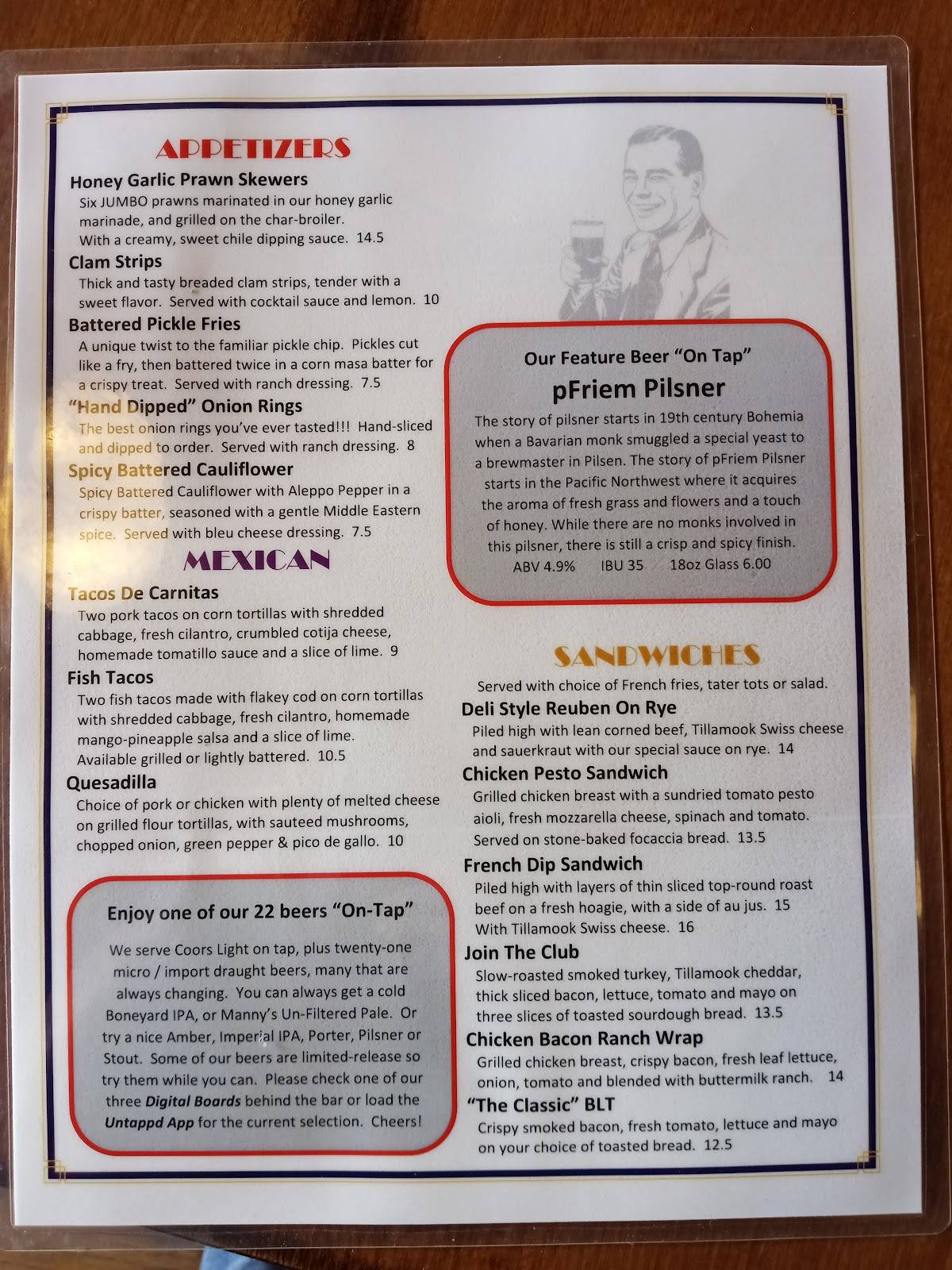 Menu at Beachcomber Pub, Florence