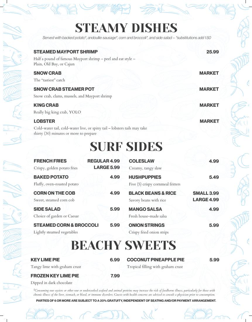 Menu at Beachside Seafood Restaurant & Market, Jacksonville Beach