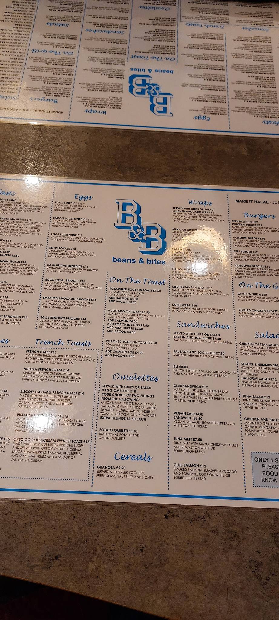 Menu at Beans & Bites cafe, London