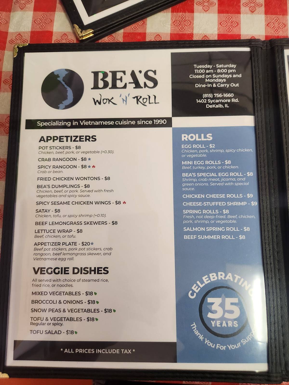 Menu at Bea's Wok N Roll restaurant, DeKalb