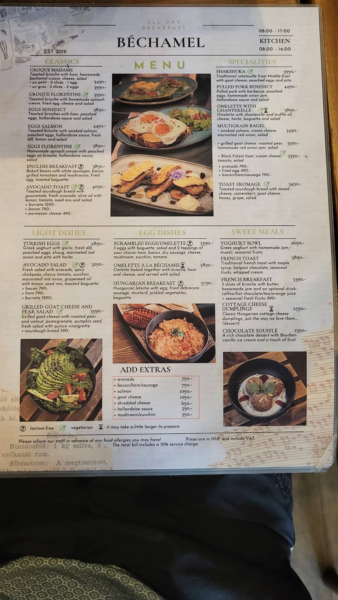Menu at Béchamel restaurant, Budapest, Akácfa u. 36