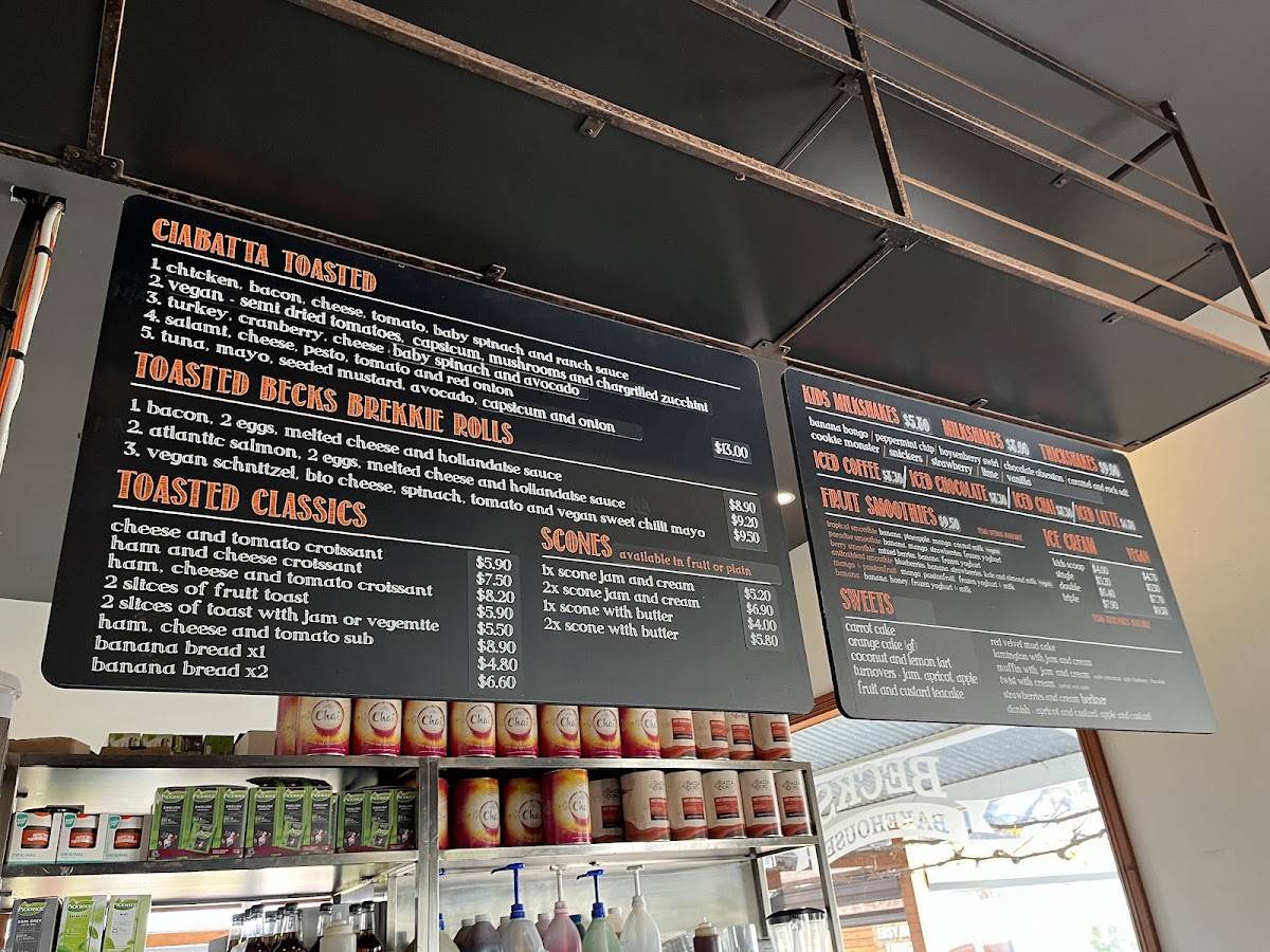 Menu at Beck's Bakehouse cafe, Port Noarlunga