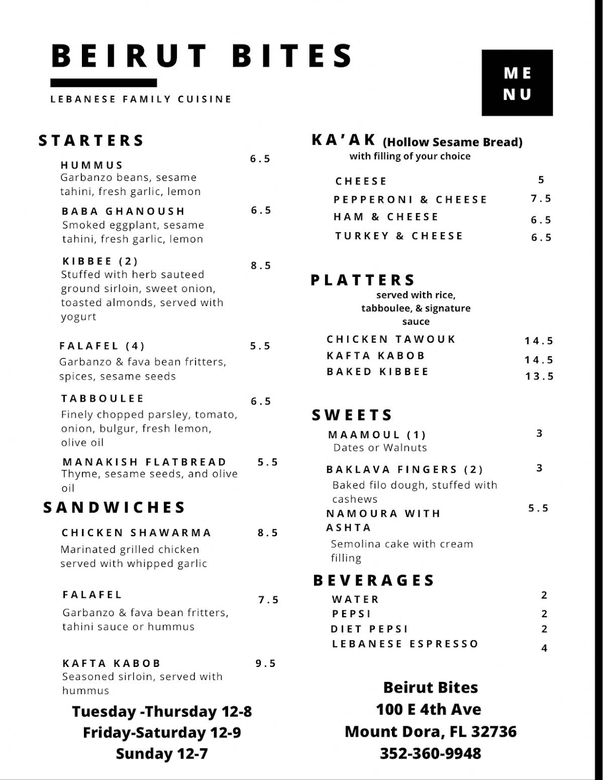 Menu at Beirut Bites restaurant, Mount Dora