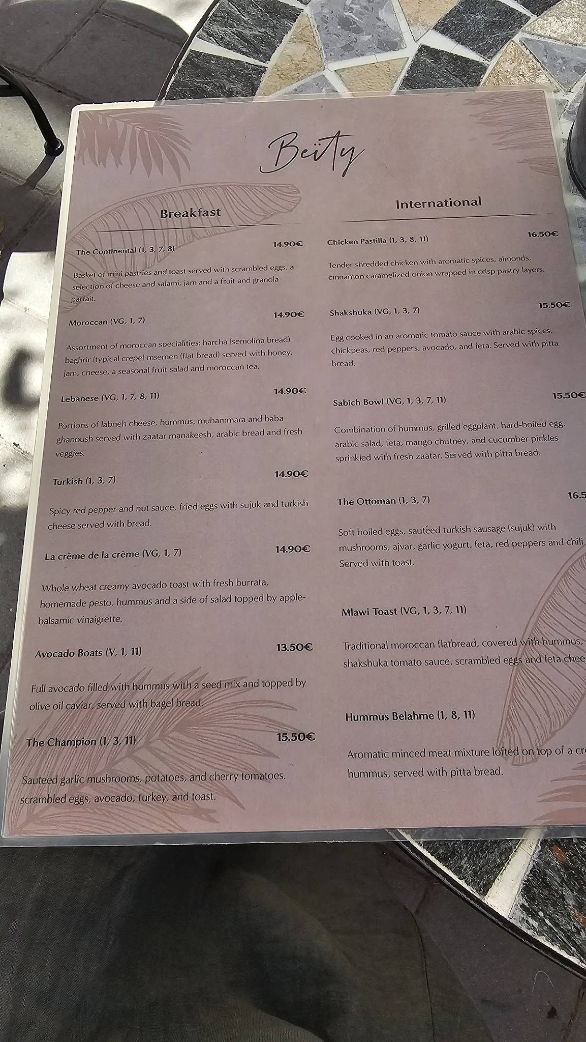 Menu at Beïty Marbella restaurant, Marbella