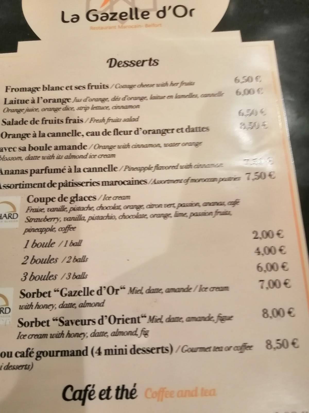 Carta del restaurante La Gazelle d'Or, Belfort