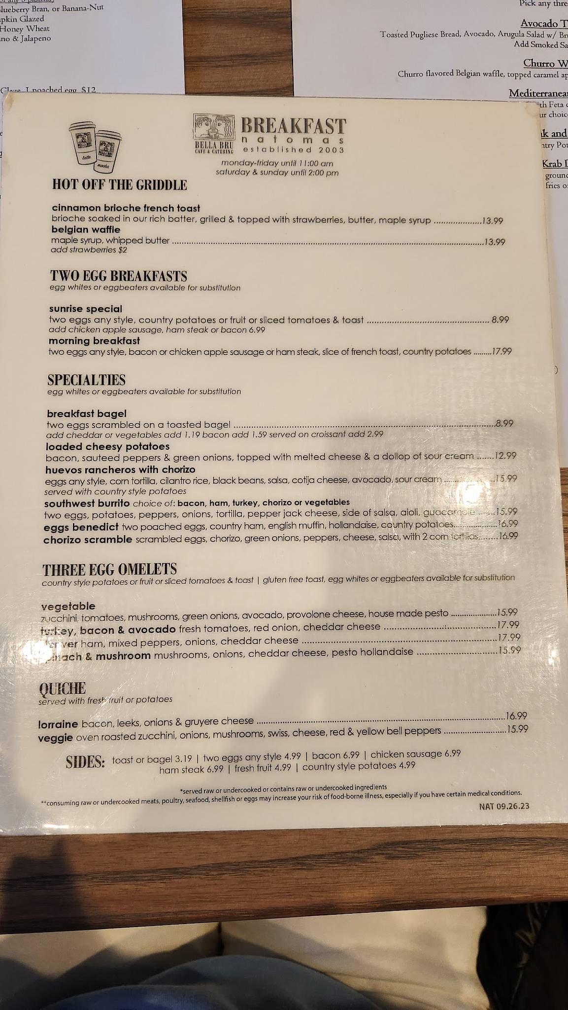 Menu at Bella Bru Cafe, Sacramento, Natomas Blvd Suite 100