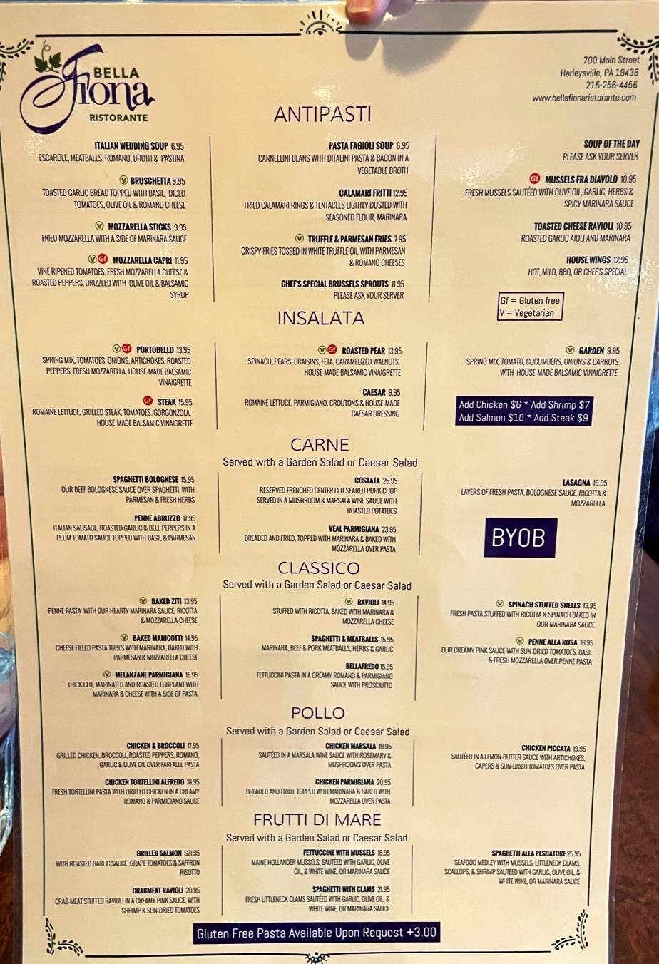Menu at Bella Fiona Ristorante pizzeria, Harleysville