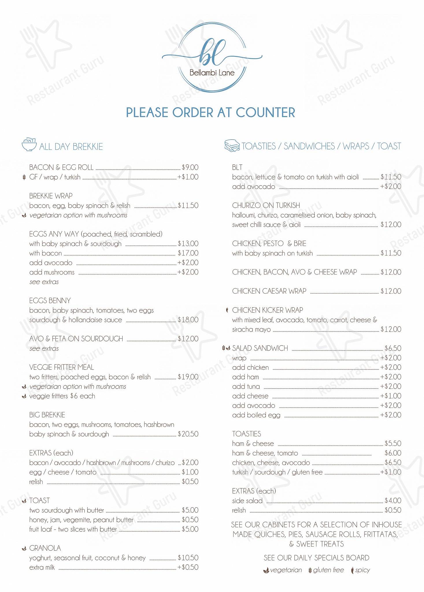 Menu at Alison Williams cafe, Bellambi