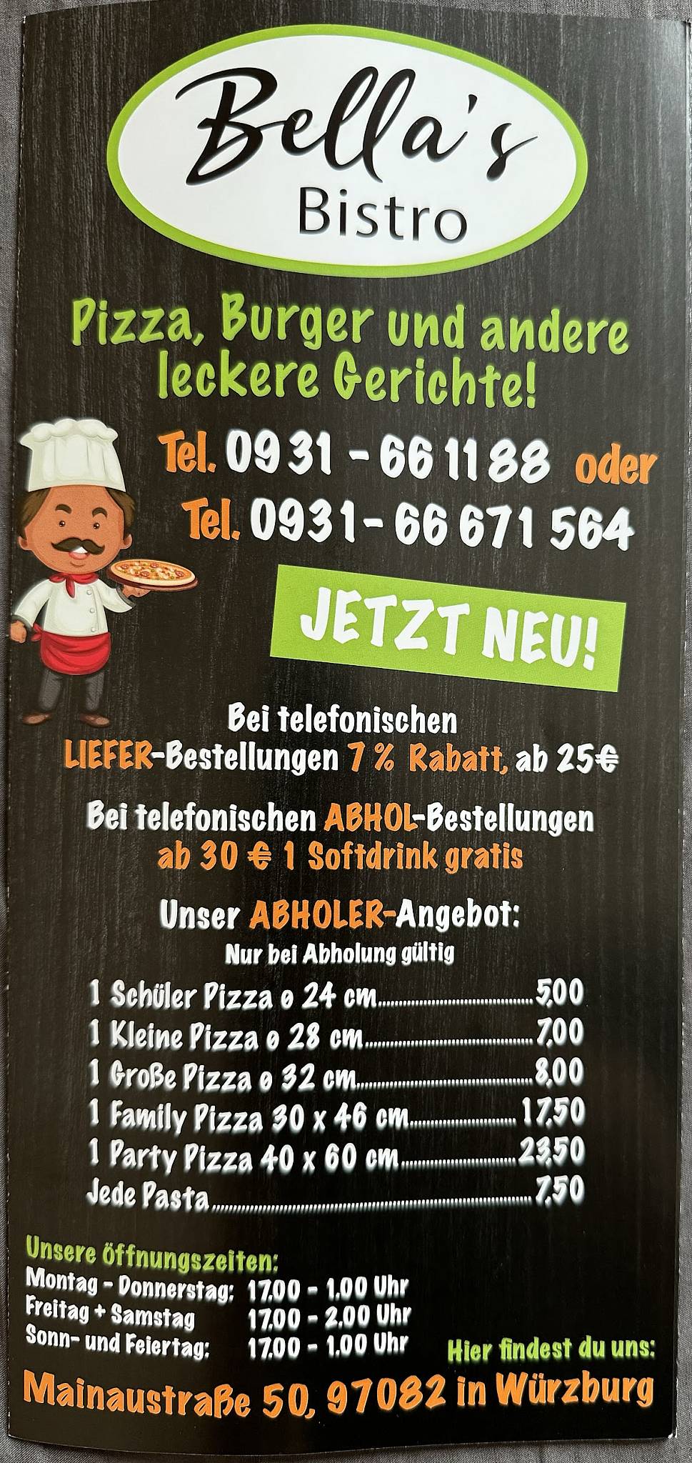 Speisekarte von Bella's Bistro, Würzburg